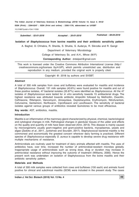 Pdf Isolation Of Staphylococcus From Bovine Mastitis And Their Antibiotic Sensitivity Pattern