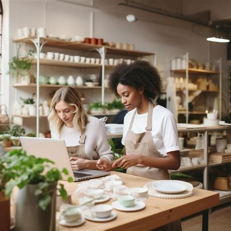 Premium Ai Image Female Ceramists Using A Laptop While Working