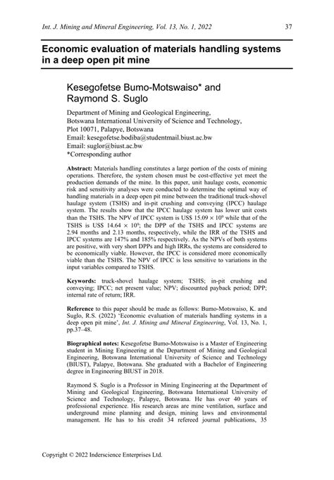 Pdf Economic Evaluation Of Materials Handling Systems In A Deep Open Pit Mine