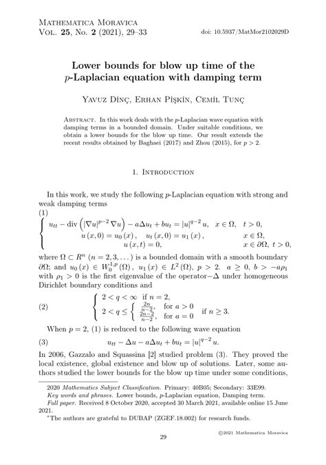 Pdf Lower Bounds For Blow Up Time Of The P Laplacian Equation With Damping Term