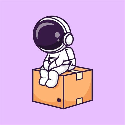 Niedlich Astronaut Sitzen Auf Pappschachtel Karikatur Vektor