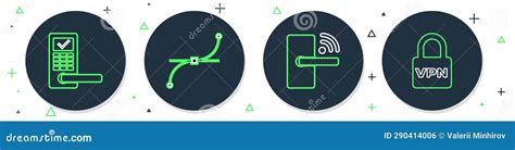 Set Line Bezier Curve Digital Door Lock With Wireless And Lock VPN Icon Vector Stock