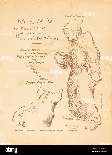 Menu du réveillon offert aux amis du Théâtre Antoine late 1890s Stock