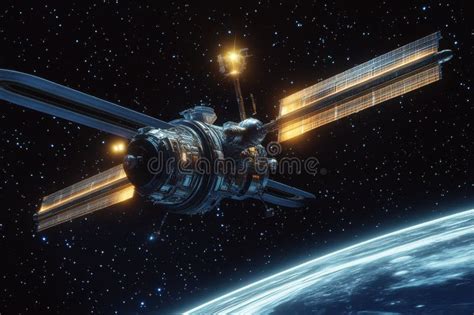 Space Station Orbiting Earth With Illuminated Solar Panels In A Dark Cosmic Background Stock