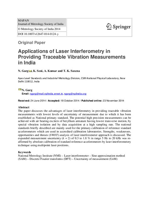 Pdf Applications Of Laser Interferometry In Providing Traceable