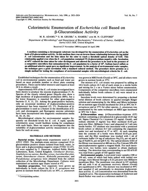 Pdf Colorimetric Enumeration Of Escherichia Coli Based On β Glucuronide Activity