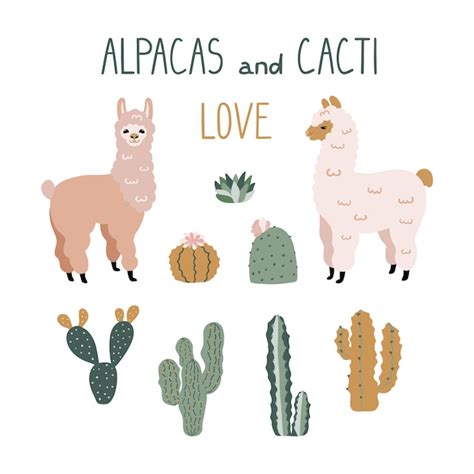 Alpacas De Dibujos Animados Lindo Y Elementos De Diseño De Cactus