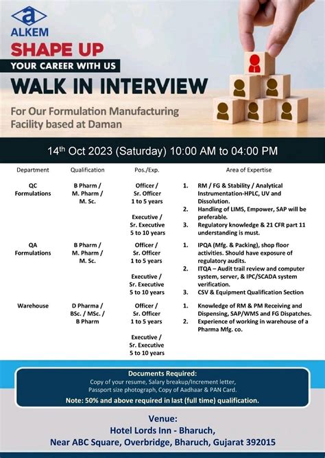 alkem walk in interview for qa qc and warehouse on 14th october 2023
