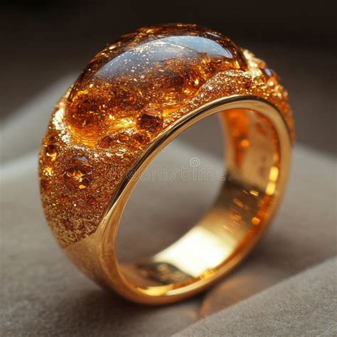 Elegant Gold Ring With Amber Gemstones And Glittering Finish Stock