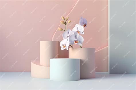 난초 꽃이 있는 3d 배경 받침대 연단 뷰티 화장품 제품 프레젠테이션 템플릿을 위한 파스텔 디스플레이 쇼케이스 세트 기하학적