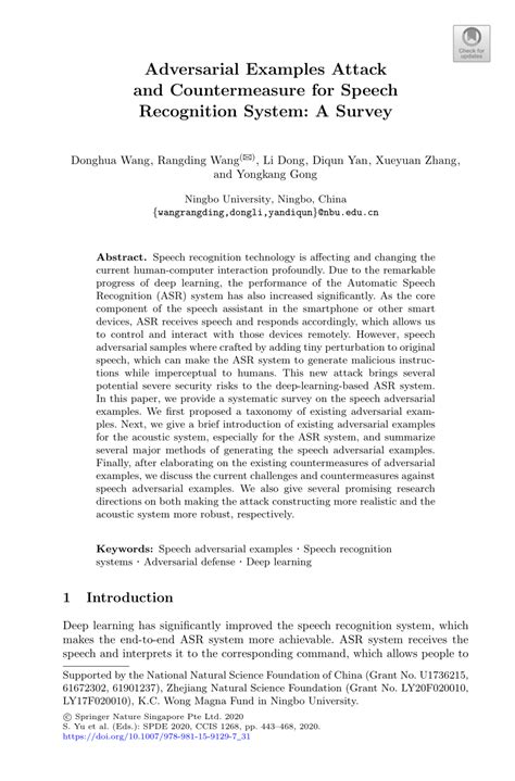 Pdf Adversarial Examples Attack And Countermeasure For Speech Recognition System A Survey