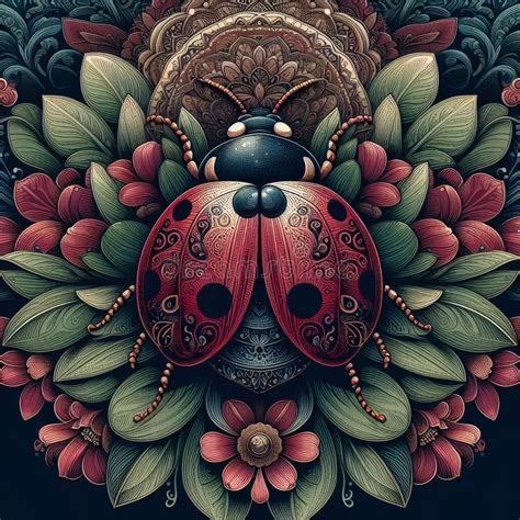 An Elegant Ladybug Illustration With Rich Dark Colors Floral And Ornate Patterns Stock