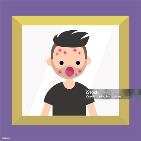 충격된 수염된 남자의 거울 반사입니다 피부과 문제입니다 여드름 평면 편집 가능한 벡터 일러스트 레이 션 클립 아트 가린 얼굴에