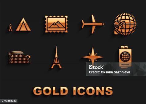 세트 에펠 탑 비행 비행기 여권 티켓 바람 장미 콜로세움 로마 이탈리아 비행기 관광 텐트 나무 불 우편 우표 및 산 아이콘과 지구본 벡터 건축에 대한 스톡 벡터 아트 및