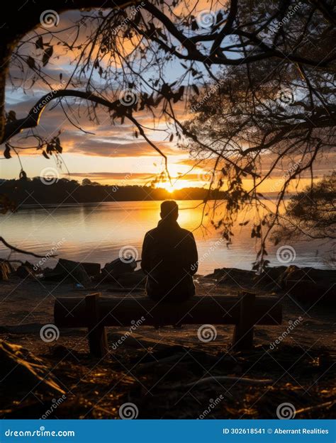A Person Sitting On A Bench Looking At The Sunset Stock Illustration