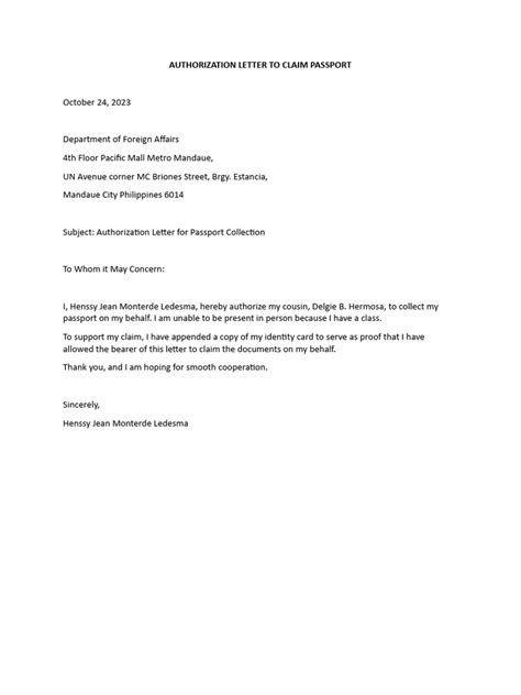 Authorization Letter To Claim Passport Pdf