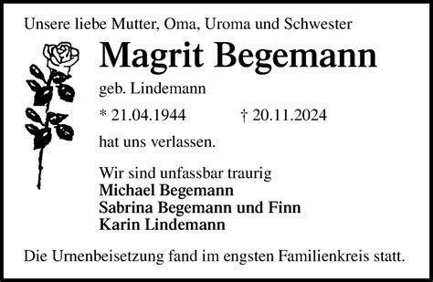 Traueranzeigen Von Magrit Begemann Trauer Anzeigende