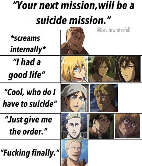 6boo On Twitter 너의 다음 미션은 자살미션이 될 거야 프록 내적 비명 유미 히스 미카사 좋은 삶이었다 에렌 지크 좋아 내가 누굴 죽이면