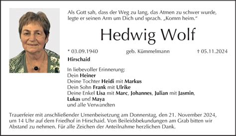 Hedwig Wolf Traueranzeige Franken De