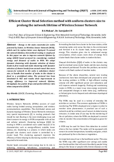 Pdf Irjet Efficient Cluster Head Selection Method With Uniform