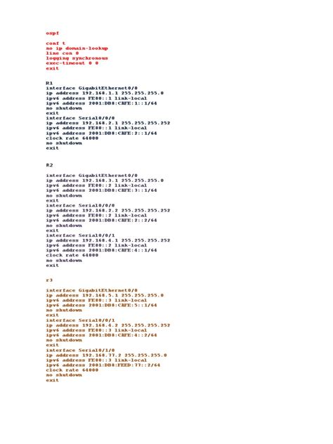 Ospf Conf T No Ip Domain Lookup Line Con 0 Logging Synchronous Exec Timeout 0 0 Exit Pdf Ip