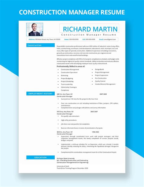 Construction Manager Resume Template In Word Download