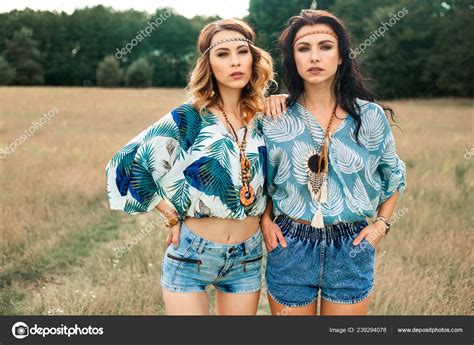 Portrait Of Two Beautiful Hippie Girls Perfect Faces Pensive Look