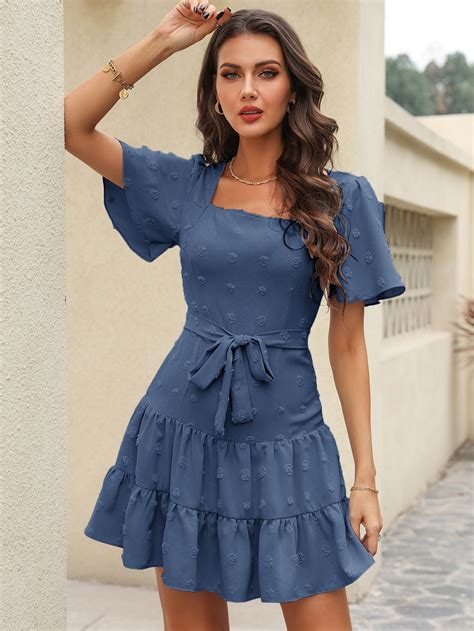 Swiss Dot Ruffle Hem Belted Dress