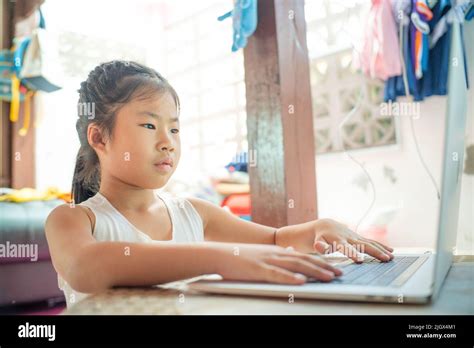 Babe Girl Online Learnning Class With Laptop Computer In Home Stock Photo Alamy