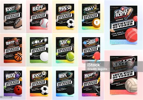 스포츠 전단지 광고 메가 세트 벡터입니다 아이스 하키 농구 테니스 축구 체육관 당구 볼링 축구 엠블럼 로고 스포츠 바 프로모션