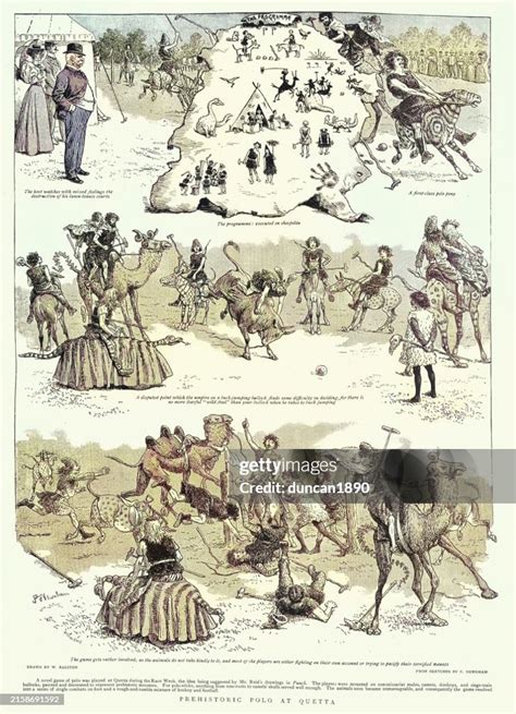 Victorian Comic Sketch Cartoon Prehistoric Polo Match At Quetta 1895