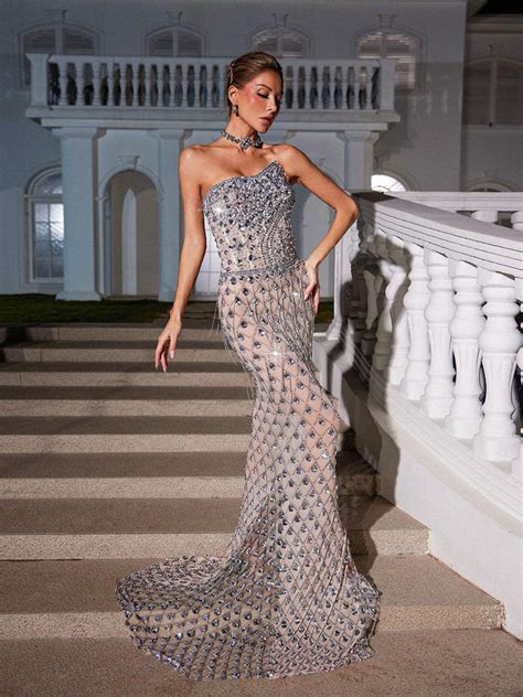 Sean Strapless Rhinestone Mesh Maxi Dress Mew Mews
