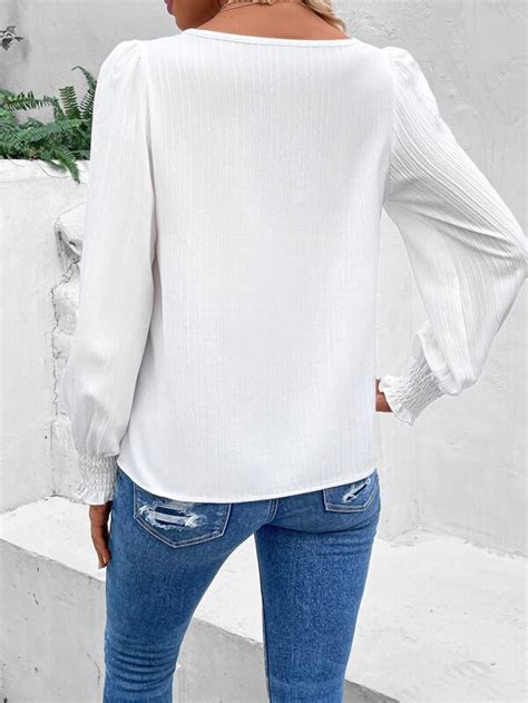 Shein Lune Guipure Lace Insert Shirred Detail Lantern Sleeve Blouse