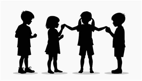 Silueta De Niños Tomados De La Mano Y Jugando Contra Un Fondo Blanco
