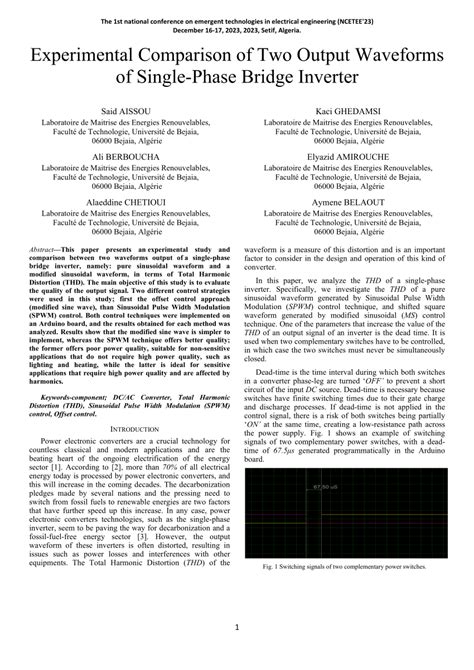 Pdf Experimental Comparison Of Two Output Waveforms Of Single Phase Bridge Inverter