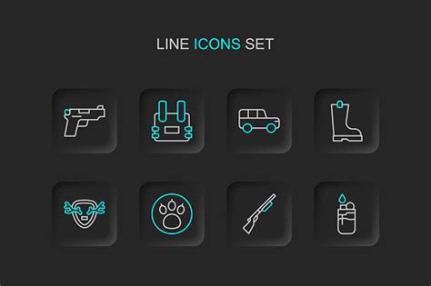 세트 라인 라이터 사냥 총 발 검색 방패에 사슴 뿔 방수 고무 부츠 사파리 자동차 방탄 조끼 및 권총 또는 아이콘 벡터 검색에 대한 스톡 벡터 아트 및 기타 이미지 Istock