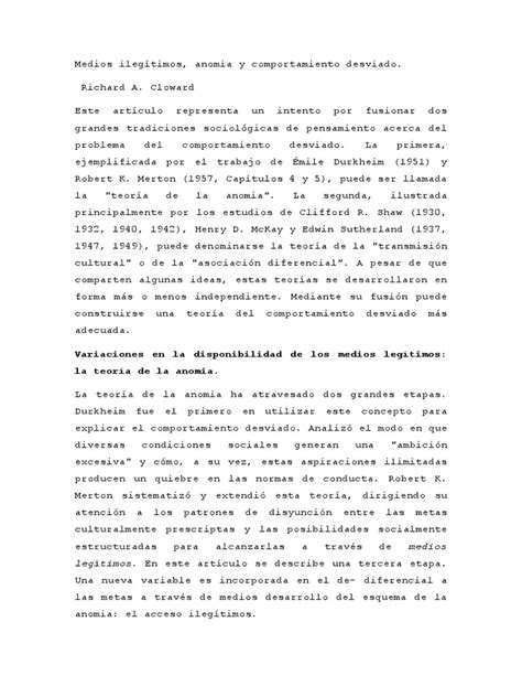 Medios Ilegítimos Anomia Y Comportamiento Desviado Richard A Cloward