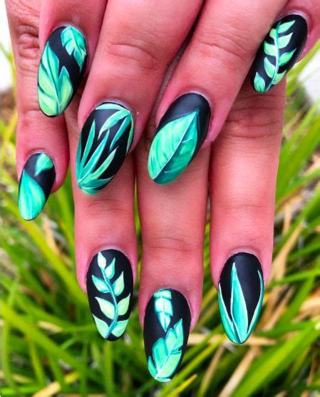 Black Nail Designs Tropical Flora Nails With Plants
