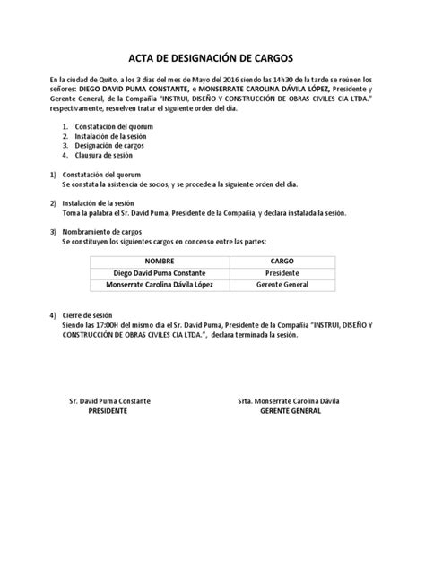 Acta De Designacion De Cargos Pdf Gobierno