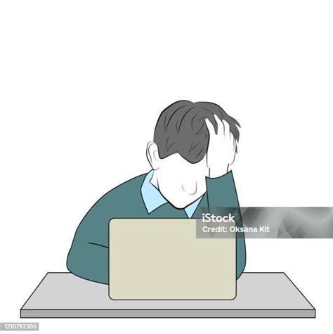 컴퓨터에 앉아있는 동안 사업가 생각 어려운 결정을 내릴 수 있습니다 벡터 일러스트레이션을 참조하십시오 개념에 대한 스톡 벡터