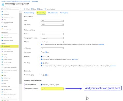 Ssl Azure App Service Client Side Certificate Exclusion Path Stack Overflow
