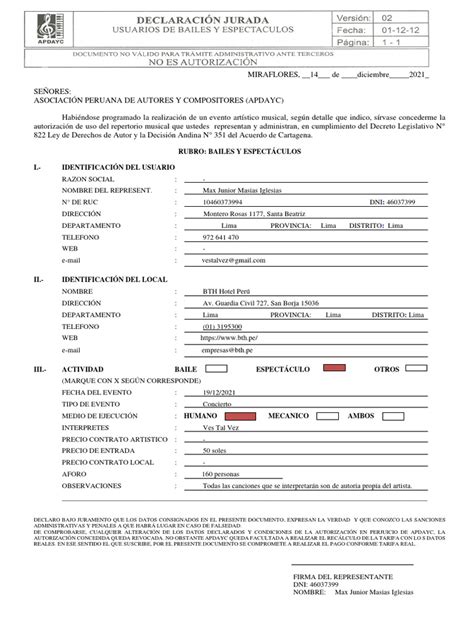 Formato Declaracion Jurada Apdayc Pdf Lima Justicia