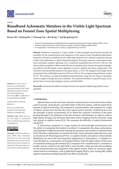 Pdf Broadband Achromatic Metalens In The Visible Light Spectrum Based