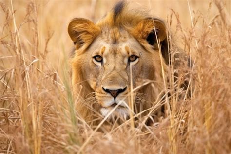 Premium Photo A Lion Prowling In Tall Grass