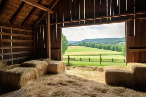 Premium AI Image | Tangle of bales of hay in rustic barn with view of the countryside created ...