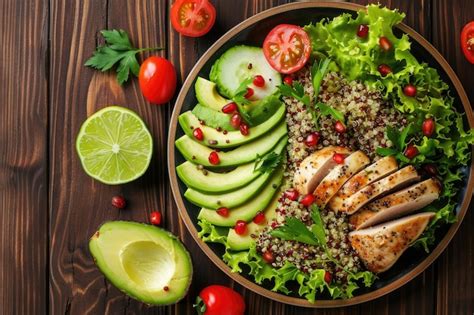 Premium Photo Healthy Salad Bowl With Quinoa Chicken And Avocado