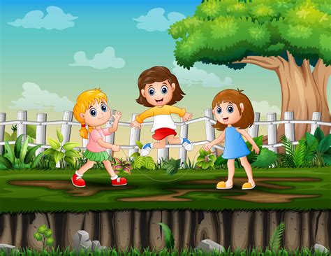 Three Girls Playing Jump Rope In The Park Illustration 6951787 Vector