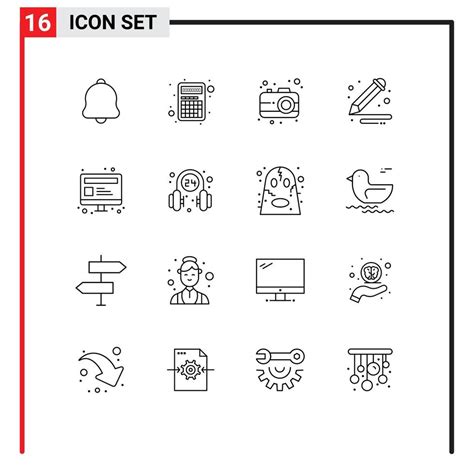 Mobile Interface Outline Set Of 16 Pictograms Of Web Computer Camera Pencil Arts Editable Vector