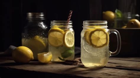 Premium Ai Image Two Mason Jar Glasses Of Homemade Lemonade On A