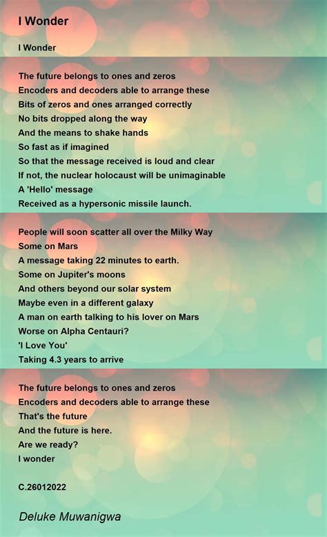 I Wonder I Wonder Poem By Deluke Muwanigwa
